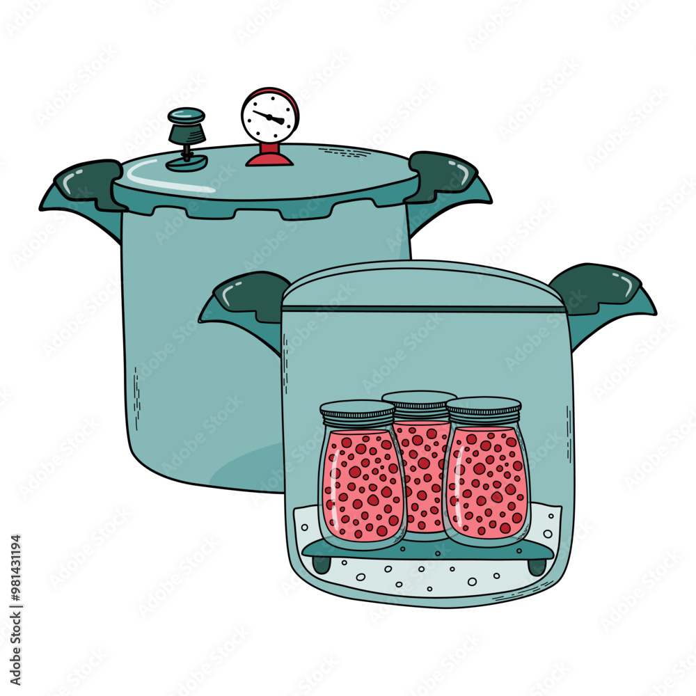 Canning process, food preservation concept. Jars of canned food are ...