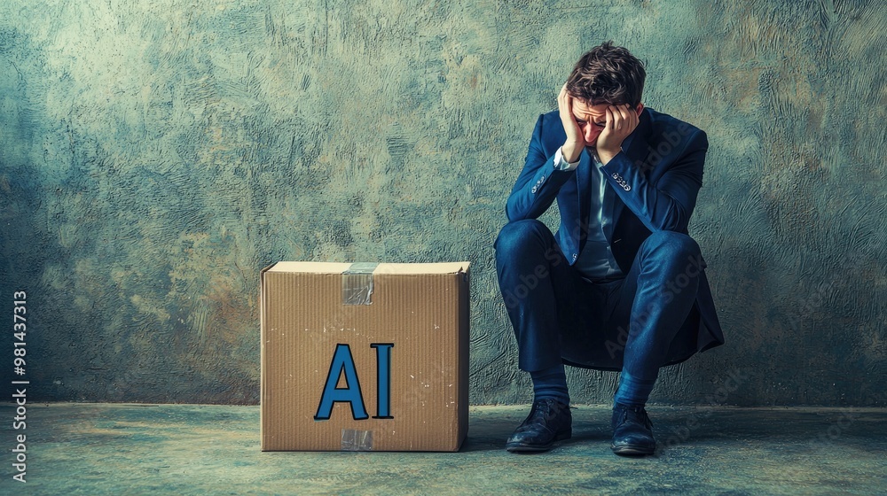 business man worried thinking about technology and AI, images of ...