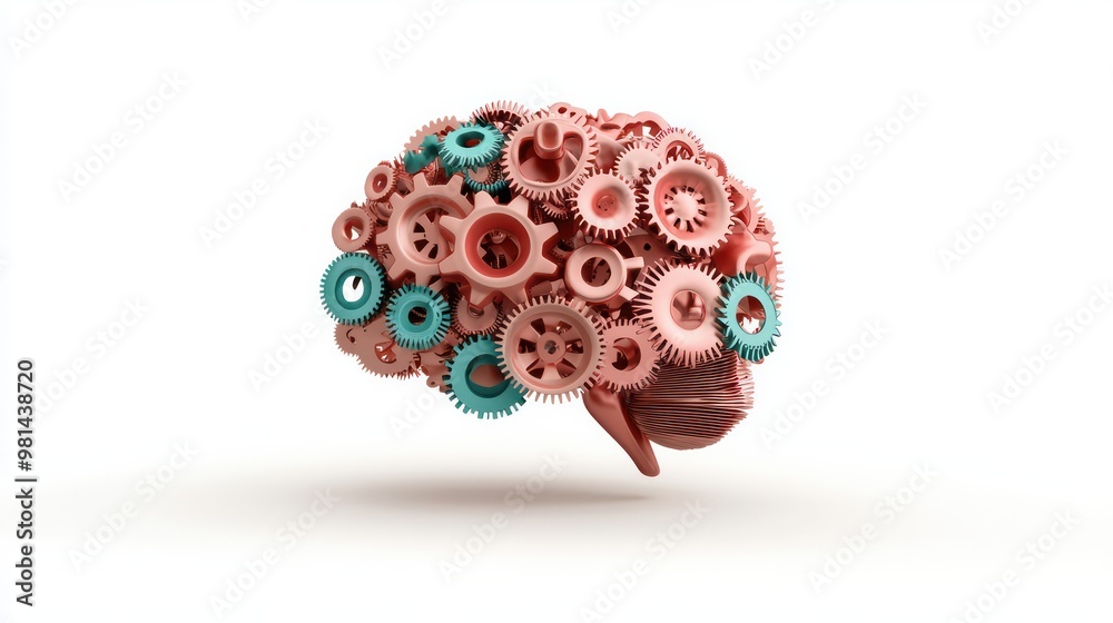A brain made of gears and gears. The gears are pink and green. The ...