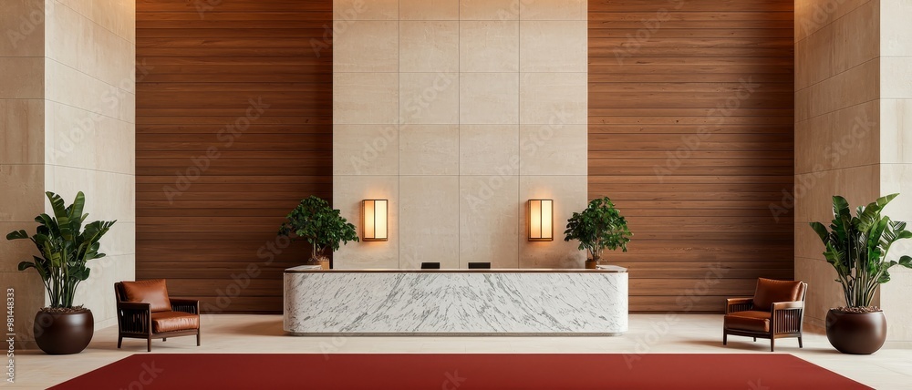 Elegant Modern Hotel Lobby with Marble Reception Desk and Symmetrical ...