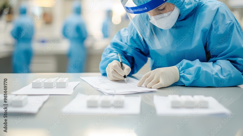 Professional Healthcare Worker in Blue PPE Suit Writing on Document in ...