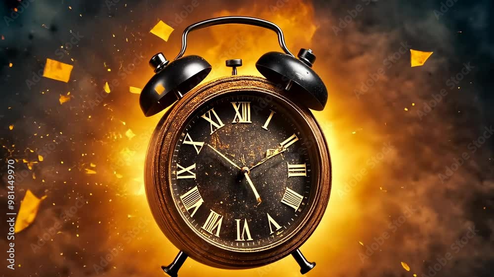 A large antique-style clock is seen exploding in a fiery blast at night ...