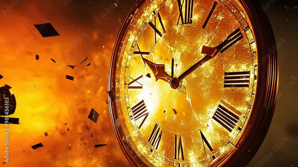 An antique clock face explodes with debris flying amidst a fiery ...