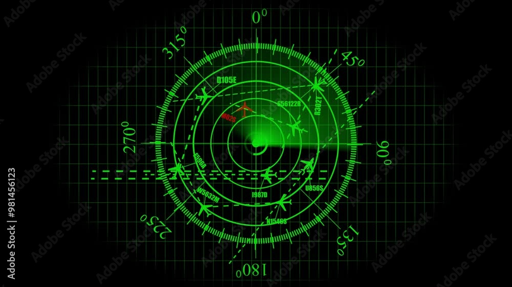 Aircraft signal and guidance radar. Radar animation with green grid ...