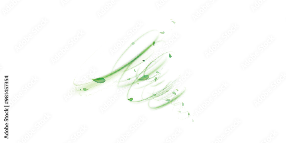 Green air swirl effect with flying mint, tea leaves isolated on white ...