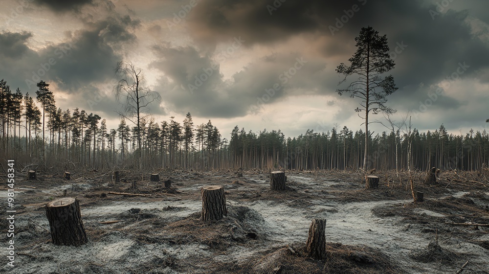 Deforested landscape with tree stumps under a dramatic sky ...