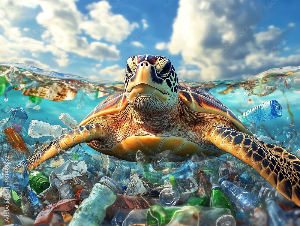 Turtle swimming in polluted ocean surrounded by plastic waste ...
