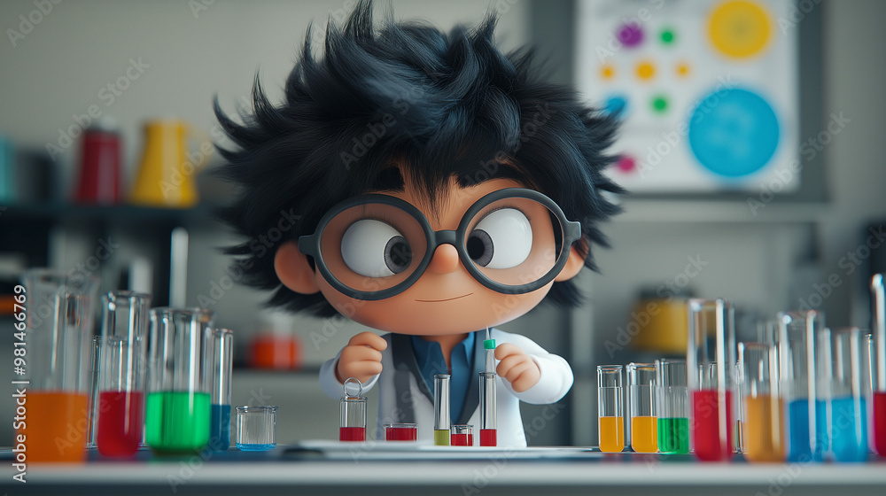 Science Experiment: A curious animated character with black hair and ...