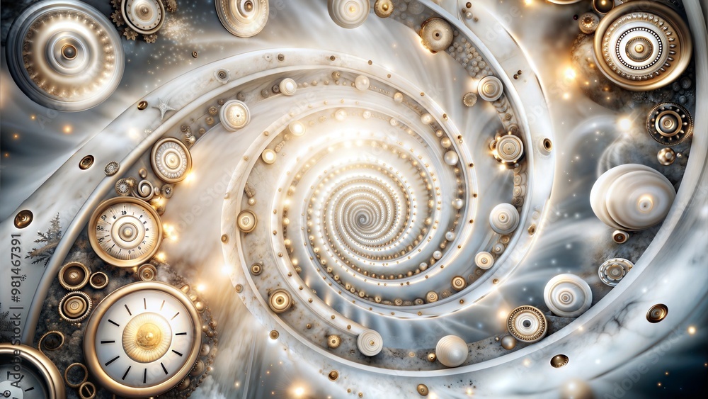 Golden clocks spiraling into infinity, abstract time loop, surreal ...