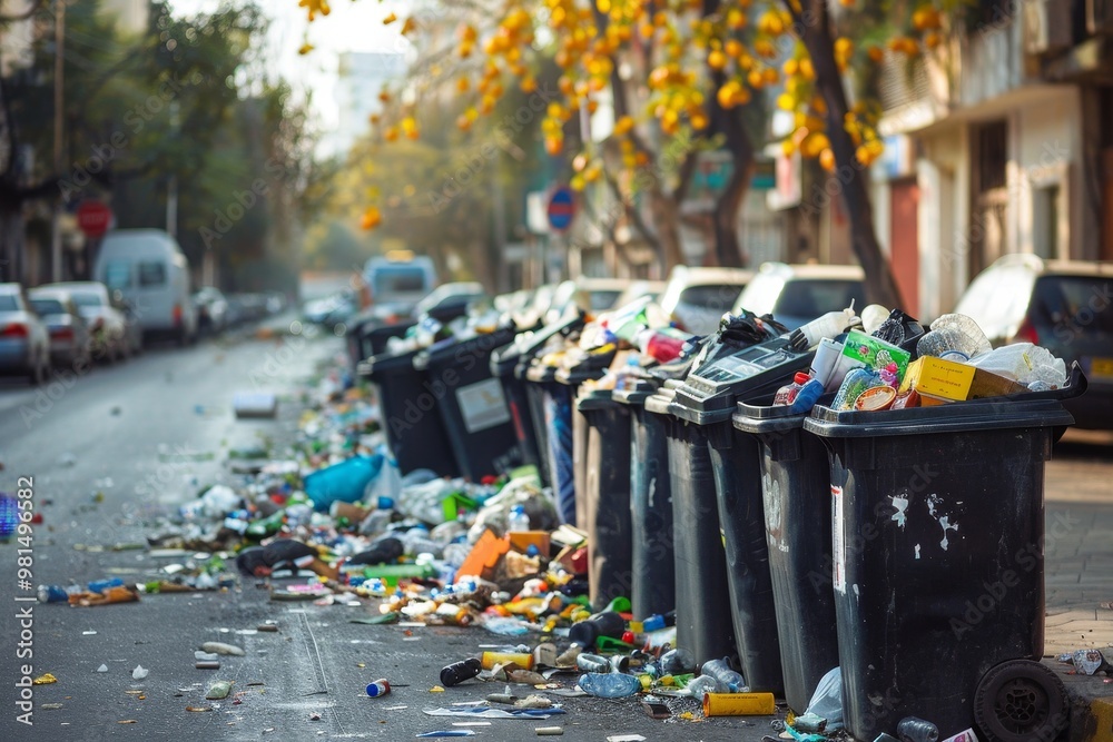 An urban alleyway is overflowing with trash, waste bins, and clutter ...