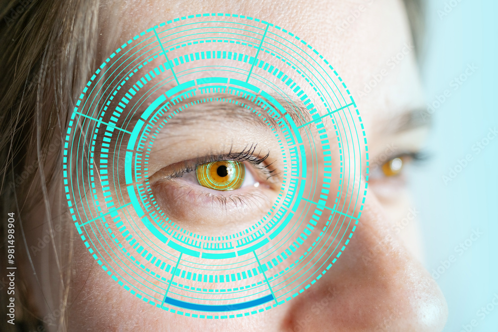 girl 25-30 years old, close up part female face, human bionic eye ...