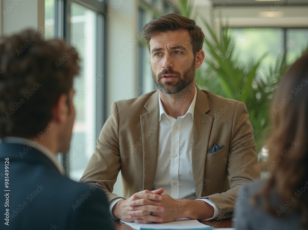 Poised man candidate presents his skills in professional job interview ...