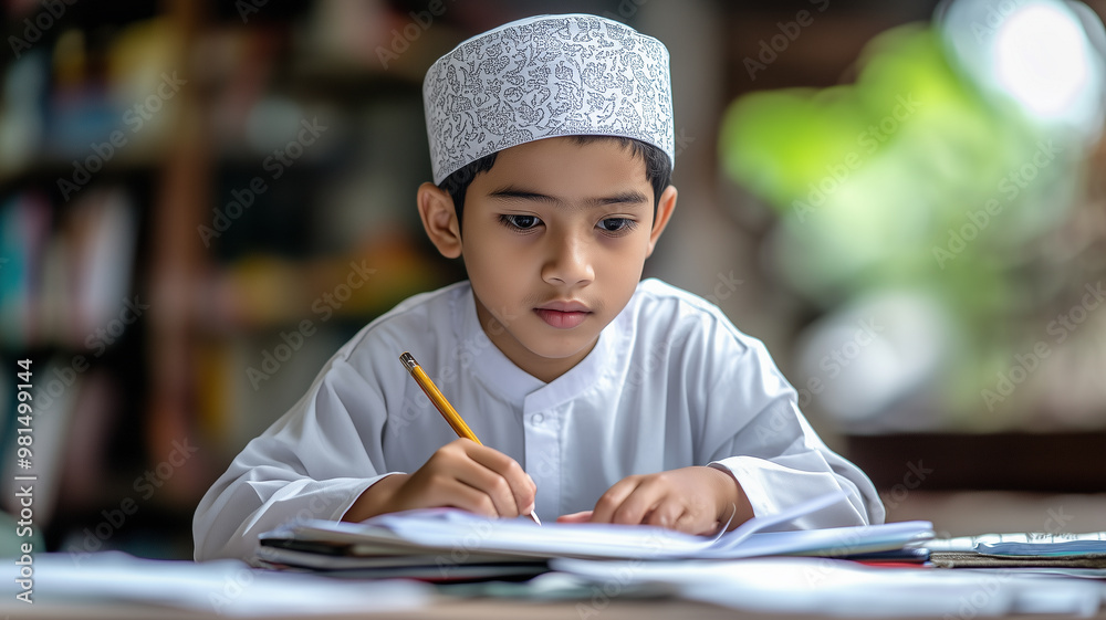 Asian muslim or islamic boy doing homework. Muslim boy learning ...