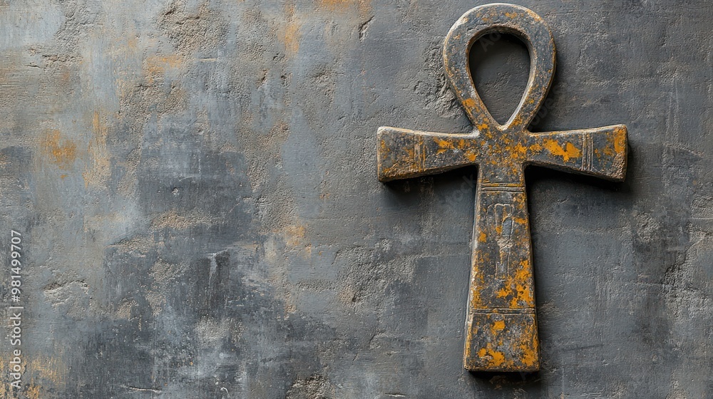 A preserved, ancient Egyptian ankh symbol, with worn edges and visible ...