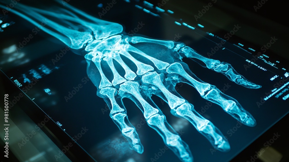 An X-ray image of a hand and wrist is displayed on a scanning table in ...