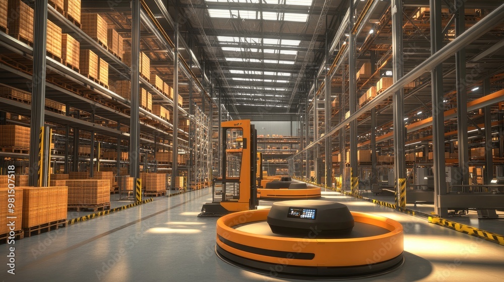 A modern warehouse equipped with interactive digital interfaces and robotics, illustrating the ...