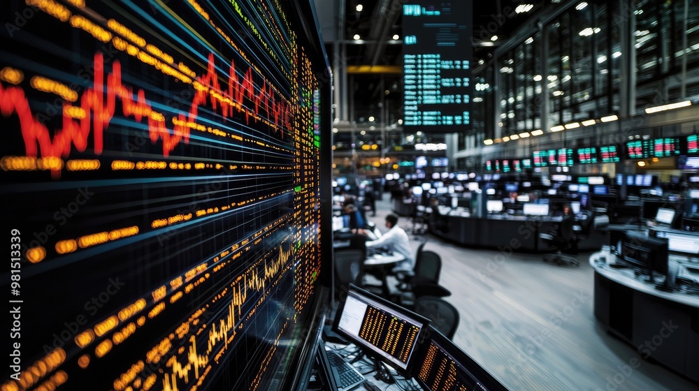 Dynamic trading floor with vibrant charts and data displays, showcasing ...