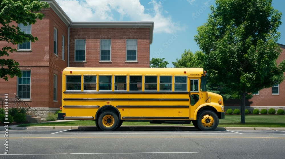 A bright yellow school bus is parked outside a sleek modern building on ...