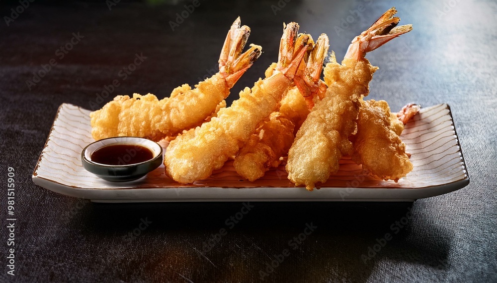 Shrimp tempura on a platter with sauce and dressing; Japanese deep ...