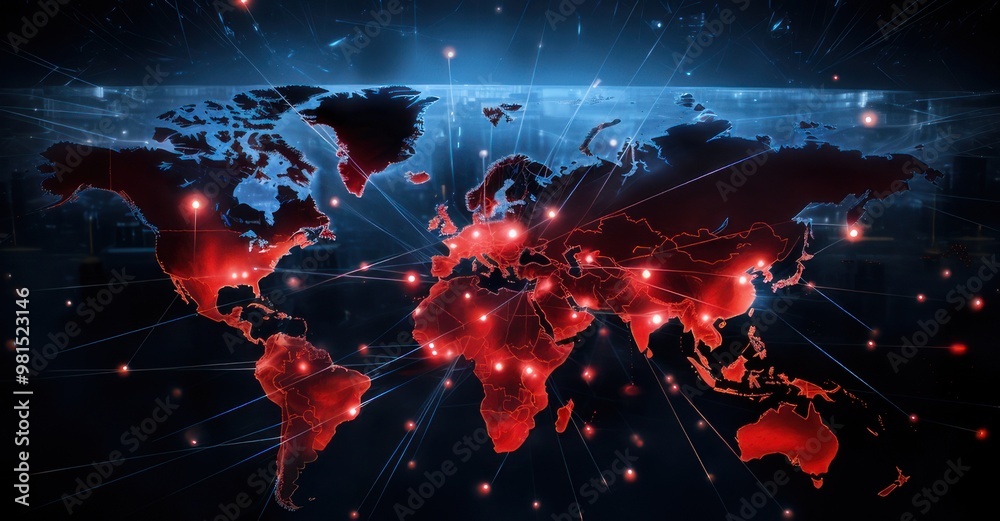 A digital world map alive with the animated paths of flying atomic ...