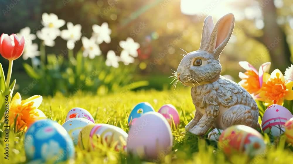 Easter Bunny and Eggs in a Spring Garden. Stunning 4K Ultra HD Footage ...