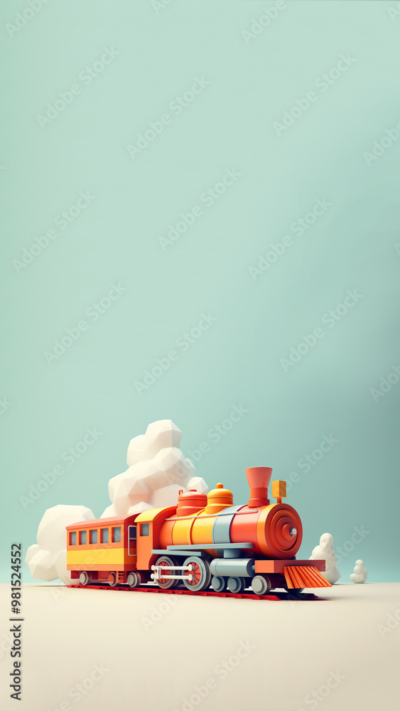 A vibrant vertical banner featuring a cartoon-style toy train in bright ...