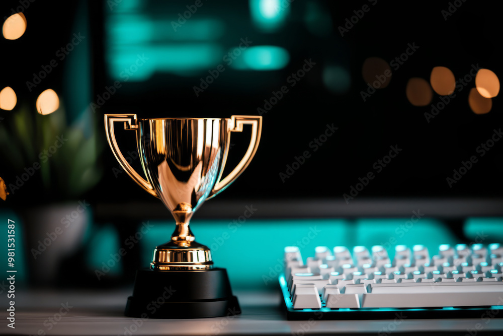 Golden trophy on a desk in a modern tech workspace with computer ...
