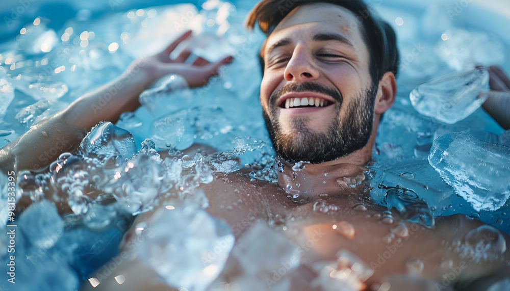 Man enjoying an ice bath, surrounded by ice cubes and water, showcasing ...