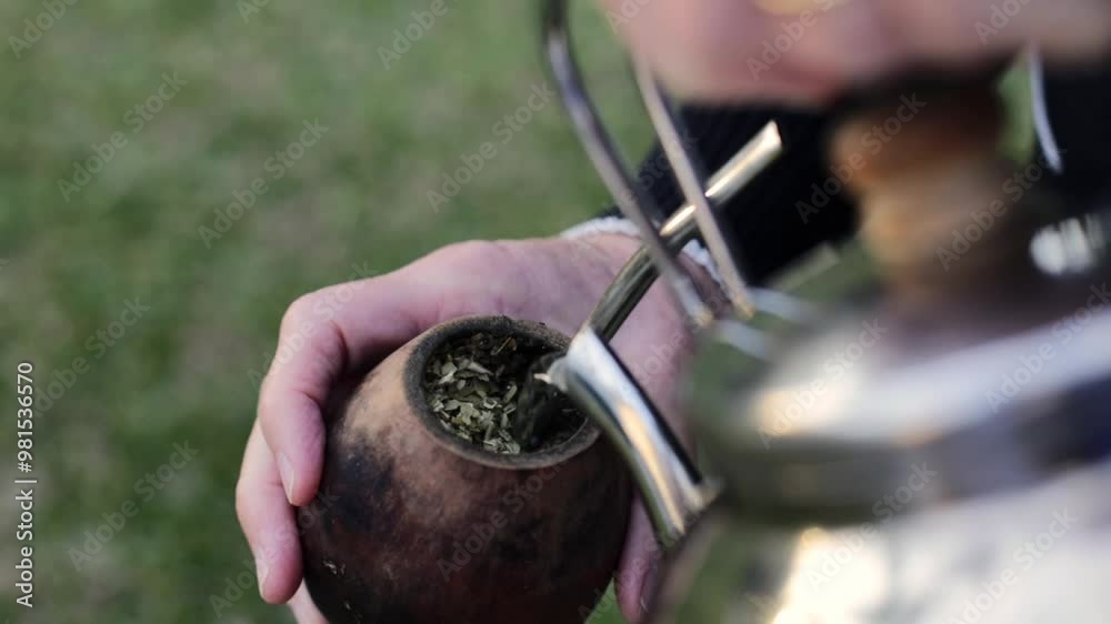 A woman drinking yerba mate tea with hot water, a traditional South ...