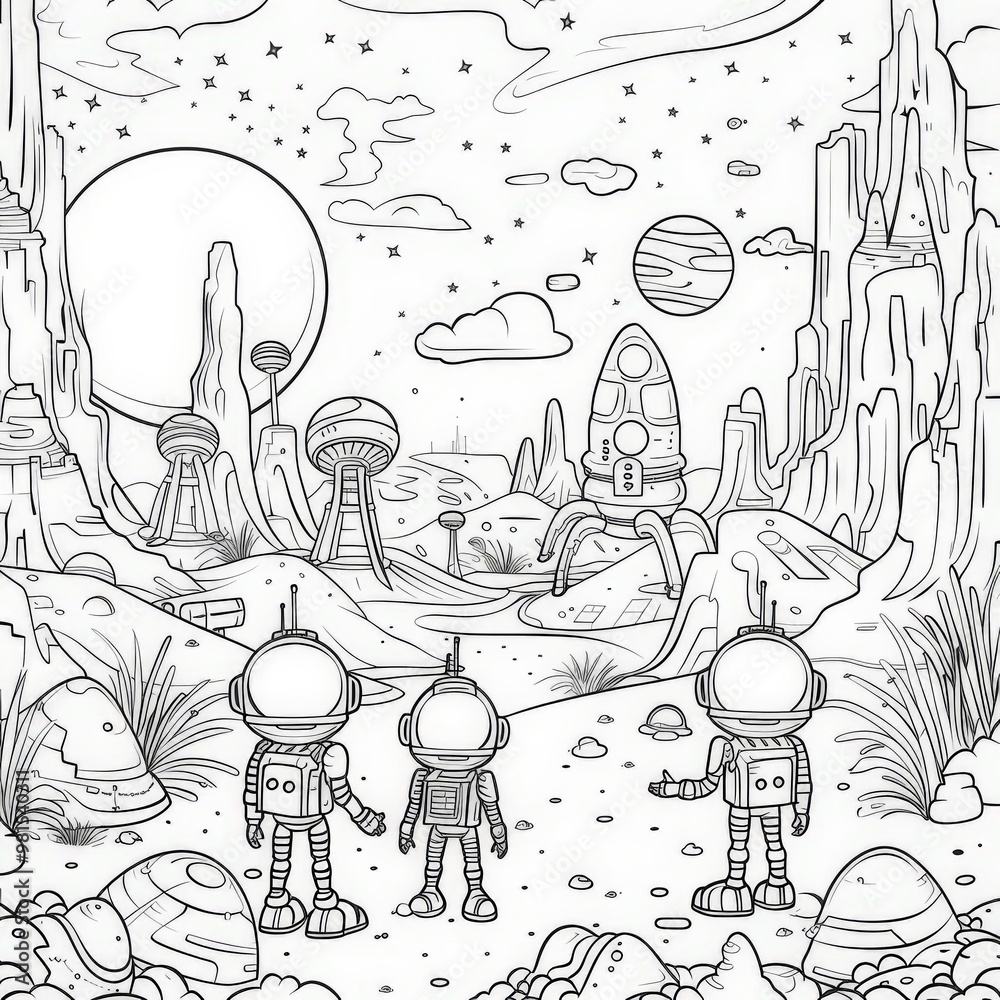a coloring book page for kids with A group of space robots exploring a ...