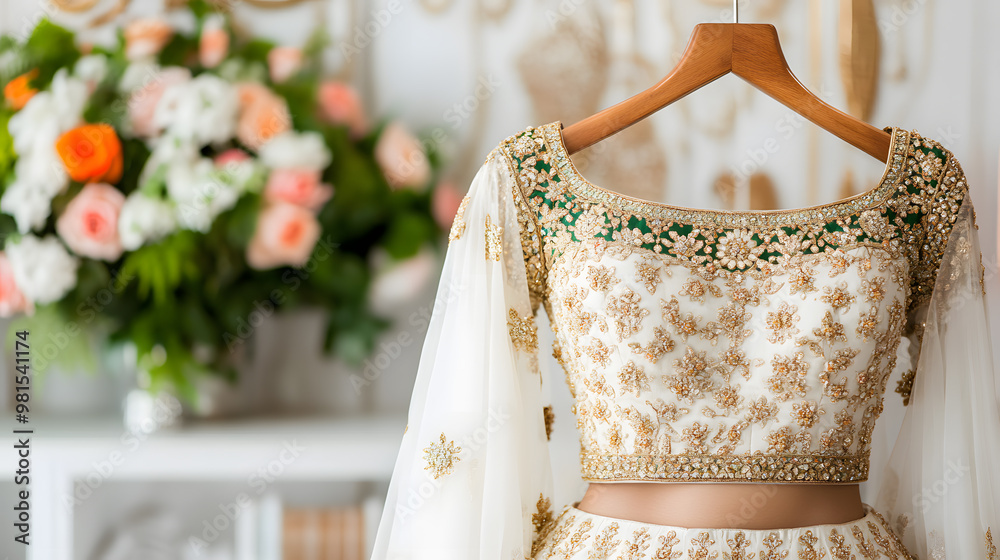 Luxurious White and Gold Bridal Lehenga on a Hanger | Elegant Indian ...