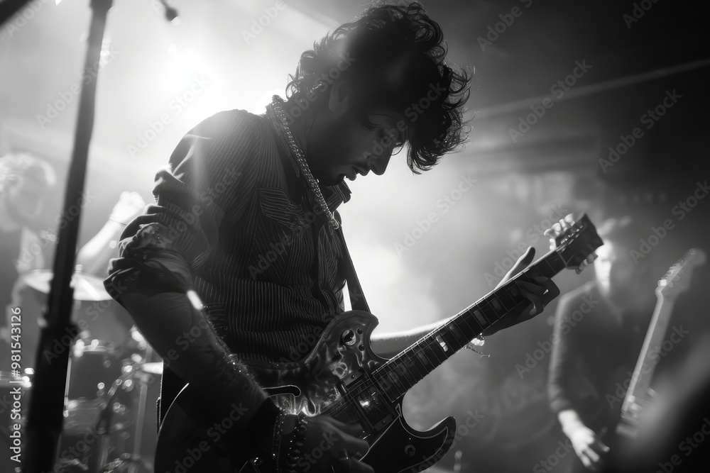 Men playing musical instruments on a street, including a lead guitarist ...