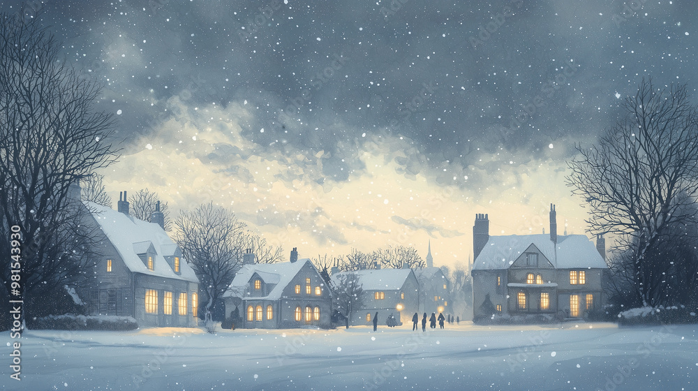 nostalgic winter scene with an old English town featuring large ...