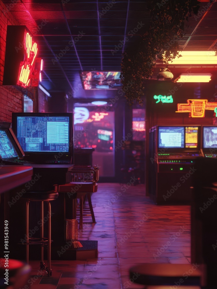 Early 2000s cyber cafe, neon lights, CRT monitors, nostalgic decor ...
