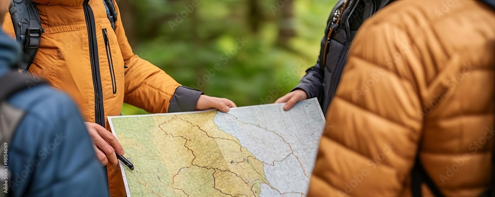 Group of hikers discussing a route, map spread out, diverse gear shown ...
