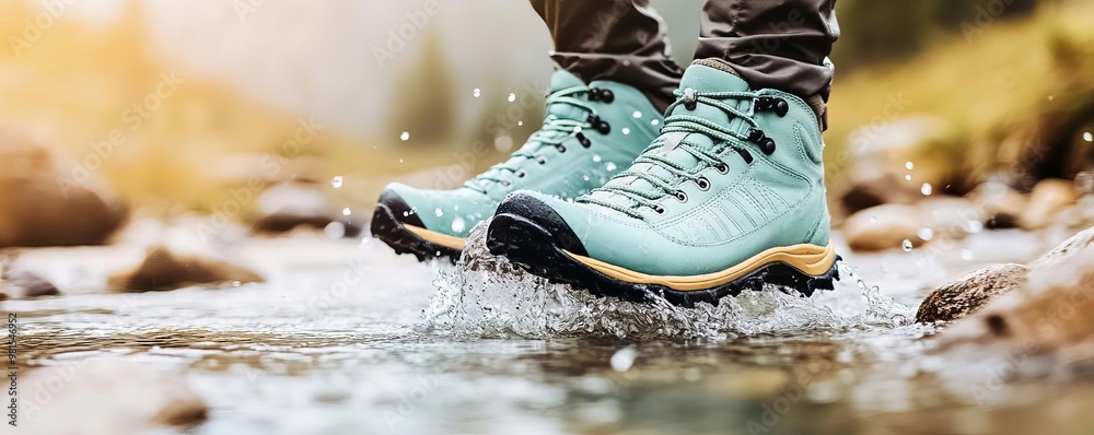 High-resolution view of trekking shoes crossing a shallow river, water ...