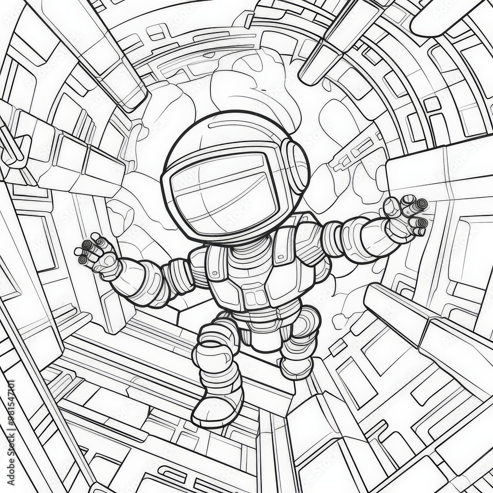 Coloring book page for kids with a friendly space robot racing through ...