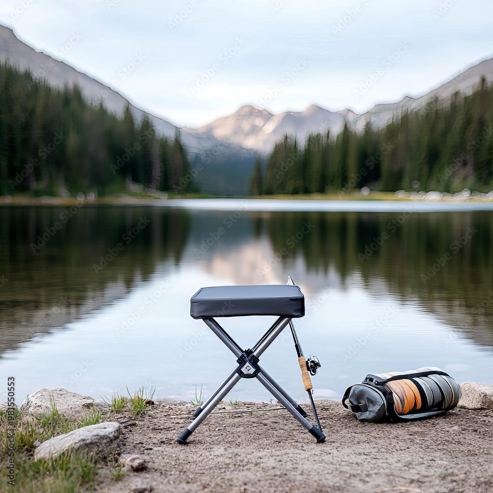 Portable, foldable stool set up by a lakeside, fishing rod beside ...