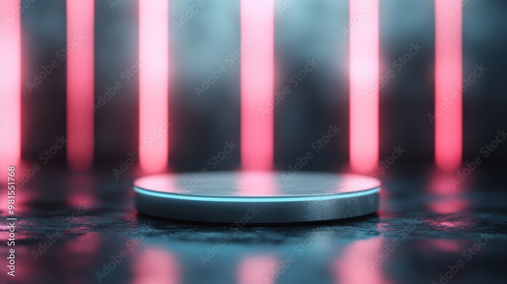 This image features a circular platform illuminated by striking neon ...