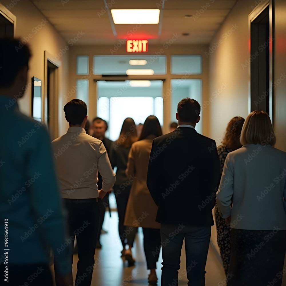 Calm Office Worker Leading Group to Emergency Exit During Fire Drill ...