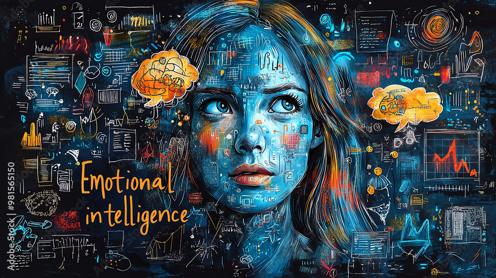 This image blends a woman's face with digital elements and glowing ...