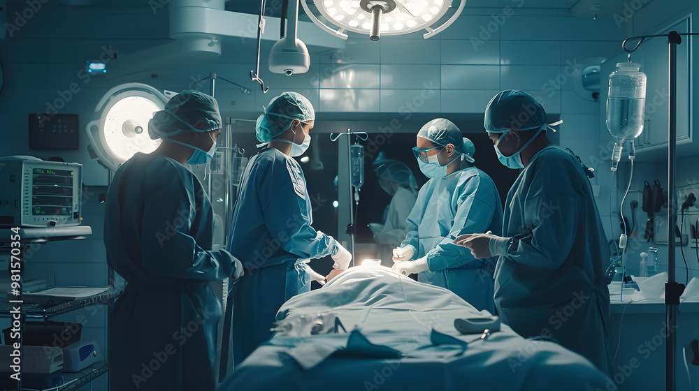 Surgeon and anesthetist doctor ER surgical team with a medical clinic ...