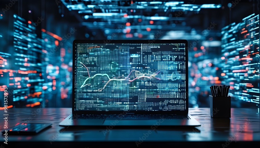 Innovative big data landscape showcasing laptop use amid visualizations ...