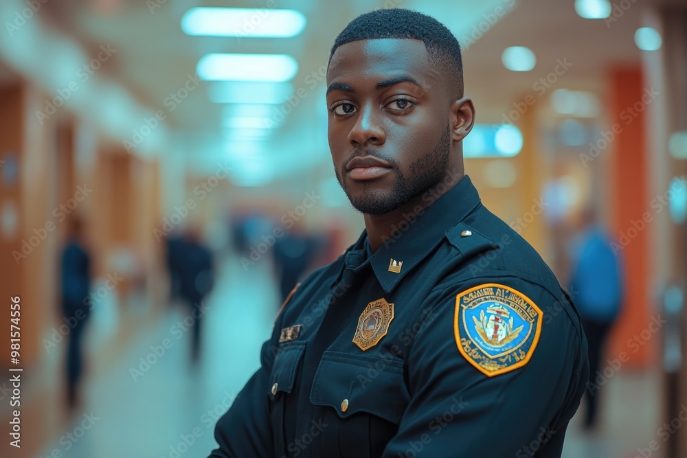 School Security Guard: African American Officer in Black Uniform ...