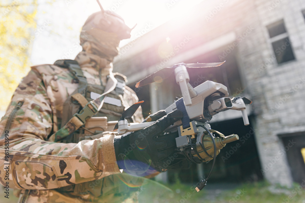 Military operator use rc for controls FPV UAV drone with device for ...