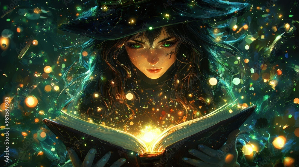 A beautiful Halloween witch, her spellbook glowing as she reads, with a ...