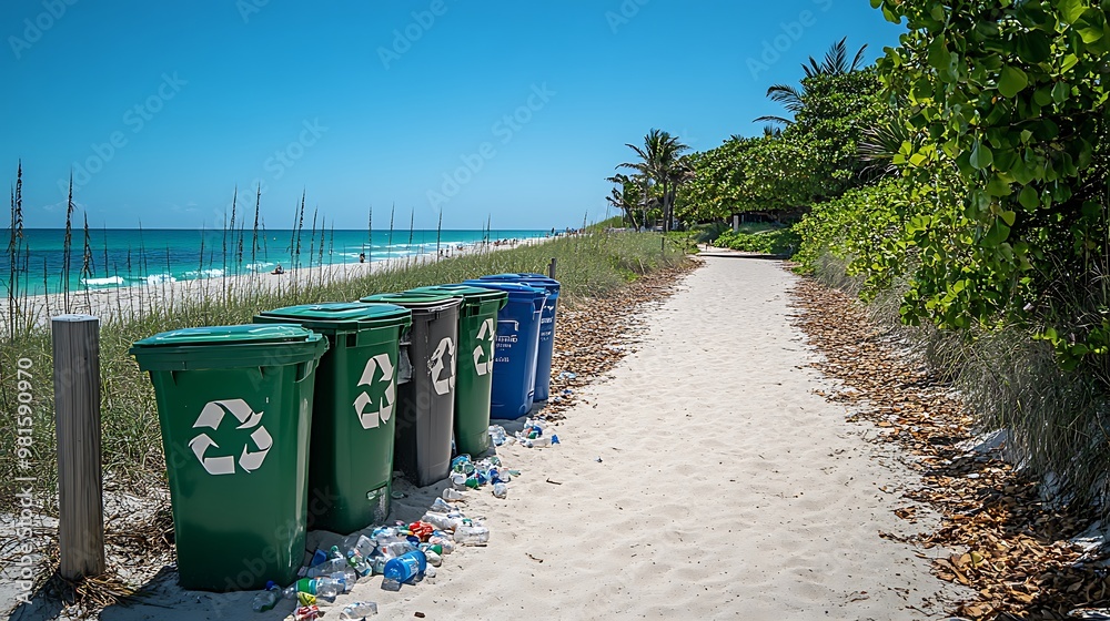 Beach Recycling Station: A beachside recycling station with bins ...