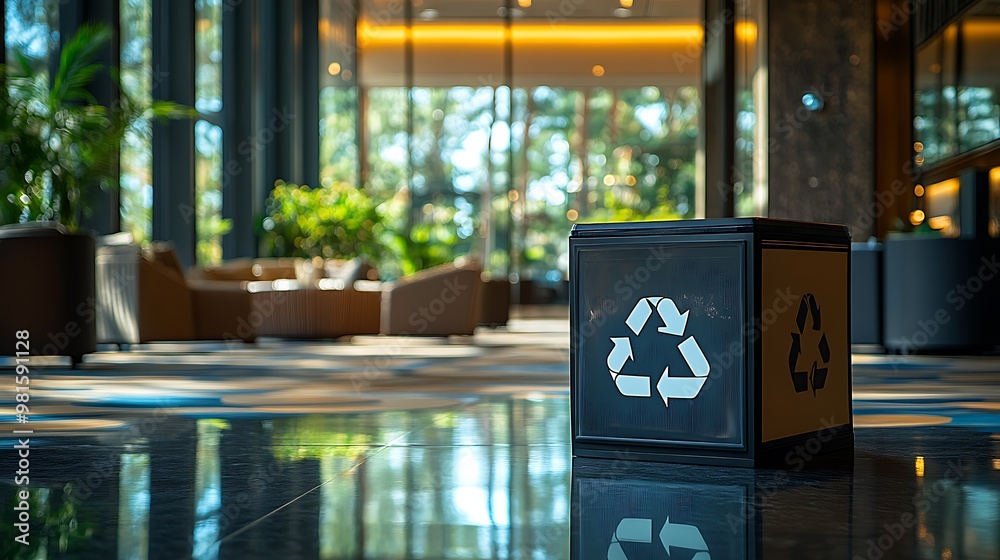 Eco-Friendly Hotel Lobby: A recycling bin with the universal symbol in ...