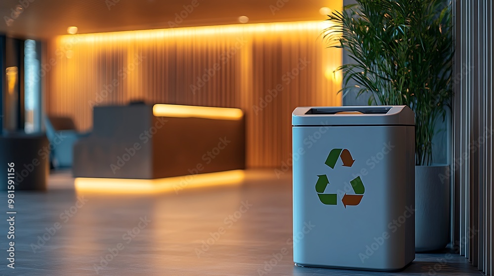 Eco-Friendly Hotel Lobby: A recycling bin with the universal symbol in ...