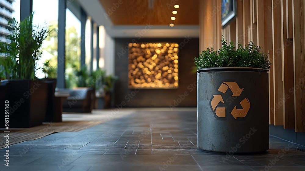 Eco-Friendly Hotel Lobby: A recycling bin with the universal symbol in ...